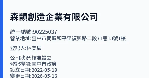 森韻創造企業有限公司的照片-統編 90225037(臺中市) 公司登記資料與營業項目詳細圖表