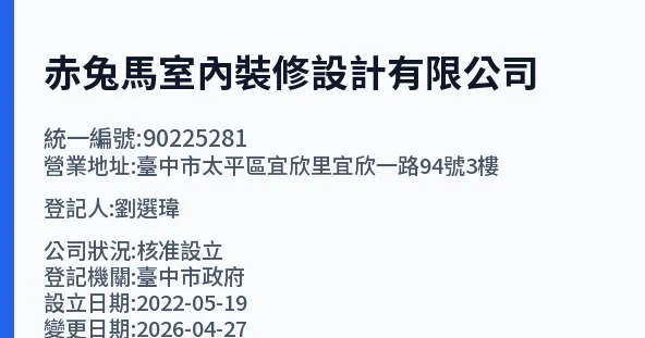赤兔馬室內裝修設計有限公司的照片-統編 90225281(臺中市) 公司登記資料與營業項目詳細圖表