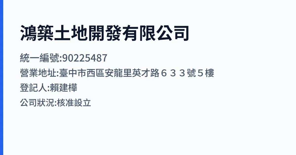 鴻築土地開發有限公司 - 統編 90225487(臺中市) 公司登記資料與營業項目詳細圖表