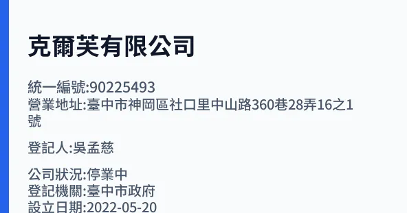 克爾芙有限公司的照片-統編 90225493(臺中市) 公司登記資料與營業項目詳細圖表