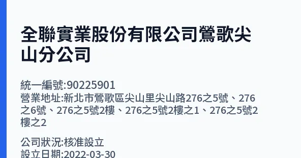 全聯實業股份有限公司鶯歌尖山分公司的照片-統編 90225901(新北市) 公司登記資料與營業項目詳細圖表