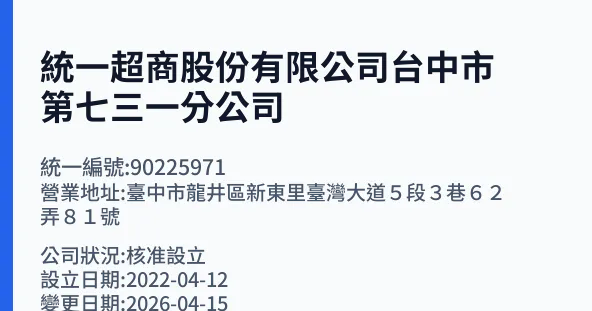 統一超商股份有限公司台中市第七三一分公司的照片-統編 90225971(臺中市) 公司登記資料與營業項目詳細圖表
