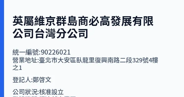 英屬維京群島商必高發展有限公司台灣分公司的照片-統編 90226021(臺北市) 公司登記資料與營業項目詳細圖表