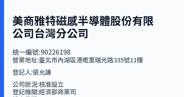 美商雅特磁感半導體股份有限公司台灣分公司的照片-統編 90226198(臺北市) 公司登記資料與營業項目詳細圖表
