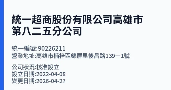 統一超商股份有限公司高雄市第八二五分公司的照片-統編 90226211(高雄市) 公司登記資料與營業項目詳細圖表