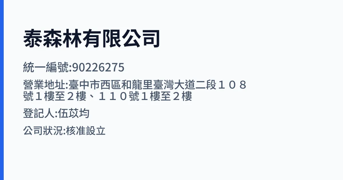泰森林有限公司 - 統編 90226275(臺中市) 公司登記資料與營業項目詳細圖表