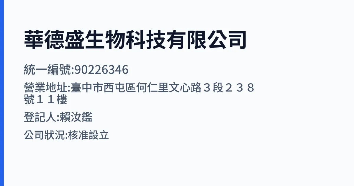 華德盛生物科技有限公司 - 統編 90226346(臺中市) 公司登記資料與營業項目詳細圖表