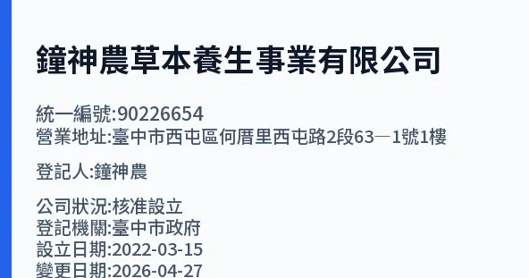 鐘神農草本養生事業有限公司的照片-統編 90226654(臺中市) 公司登記資料與營業項目詳細圖表