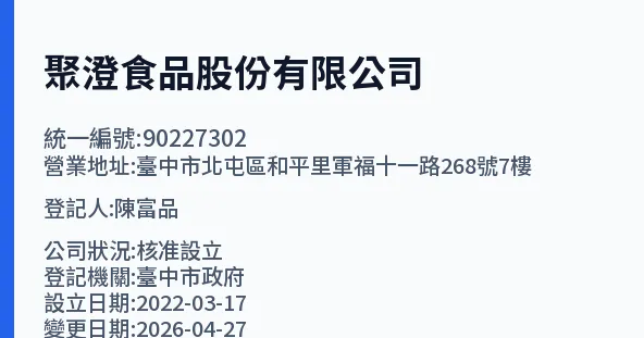 聚澄食品股份有限公司的照片-統編 90227302(臺中市) 公司登記資料與營業項目詳細圖表