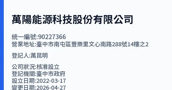 萬陽能源科技股份有限公司的照片-統編 90227366(臺中市) 公司登記資料與營業項目詳細圖表