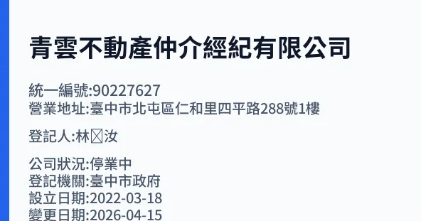 青雲不動產仲介經紀有限公司的照片-統編 90227627(臺中市) 公司登記資料與營業項目詳細圖表