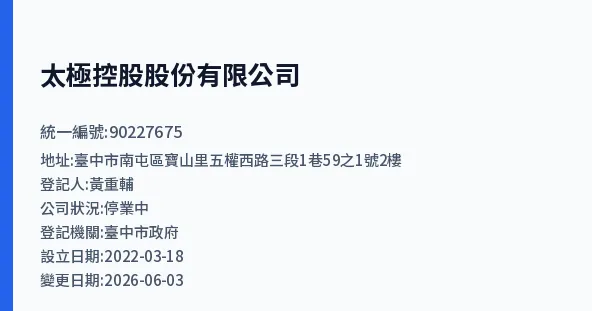 太極控股股份有限公司的照片-統編 90227675(臺中市) 公司登記資料與營業項目詳細圖表