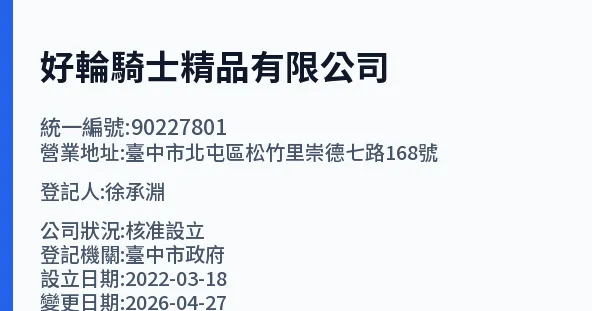 好輪騎士精品有限公司的照片-統編 90227801(臺中市) 公司登記資料與營業項目詳細圖表