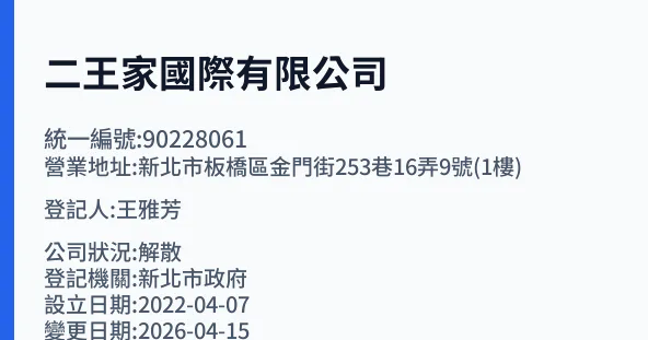 二王家國際有限公司的照片-統編 90228061(新北市) 公司登記資料與營業項目詳細圖表