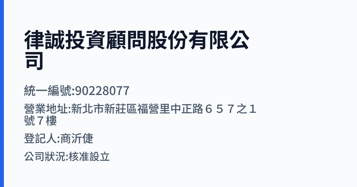 律誠投資顧問股份有限公司 - 統編 90228077(新北市) 公司登記資料與營業項目詳細圖表