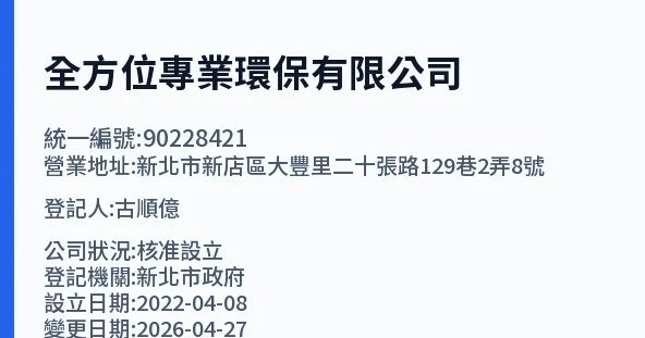 全方位專業環保有限公司的照片-統編 90228421(新北市) 公司登記資料與營業項目詳細圖表