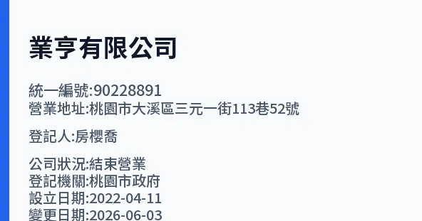 業亨有限公司的照片-統編 90228891(桃園市) 公司登記資料與營業項目詳細圖表