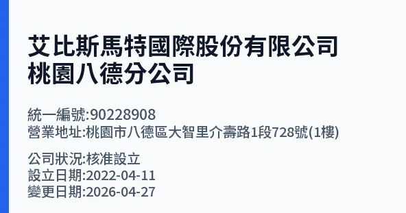 艾比斯馬特國際股份有限公司桃園八德分公司的照片-統編 90228908(桃園市) 公司登記資料與營業項目詳細圖表