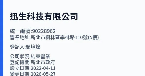 迅生科技有限公司的照片-統編 90228962(新北市) 公司登記資料與營業項目詳細圖表