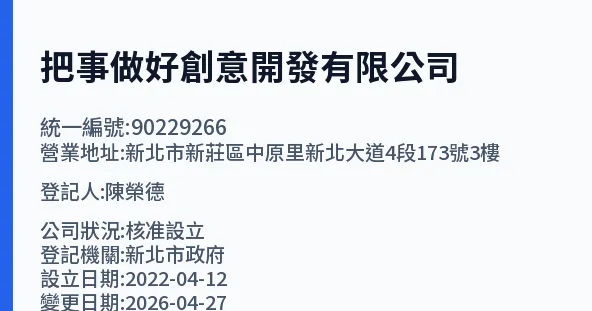 把事做好創意開發有限公司的照片-統編 90229266(新北市) 公司登記資料與營業項目詳細圖表