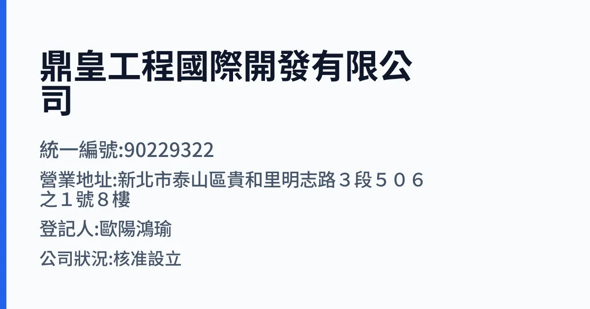 鼎皇工程國際開發有限公司 - 統編 90229322(新北市) 公司登記資料與營業項目詳細圖表