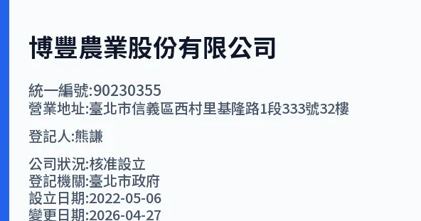 博豐農業股份有限公司的照片-統編 90230355(臺北市) 公司登記資料與營業項目詳細圖表