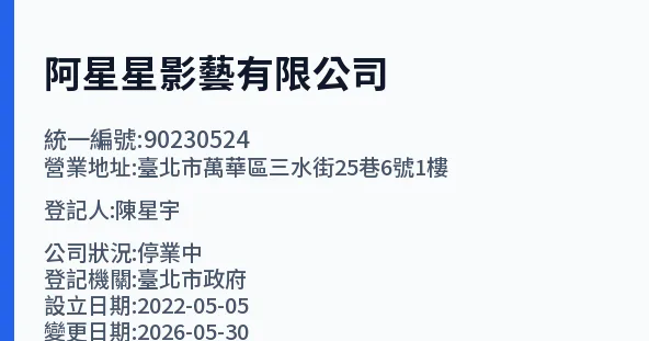 阿星星影藝有限公司的照片-統編 90230524(臺北市) 公司登記資料與營業項目詳細圖表