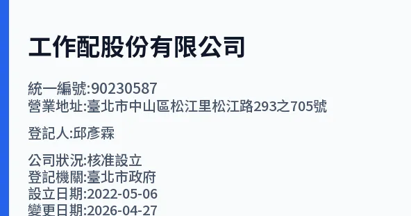 工作配股份有限公司的照片-統編 90230587(臺北市) 公司登記資料與營業項目詳細圖表