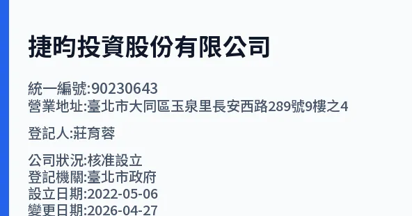 捷昀投資股份有限公司的照片-統編 90230643(臺北市) 公司登記資料與營業項目詳細圖表