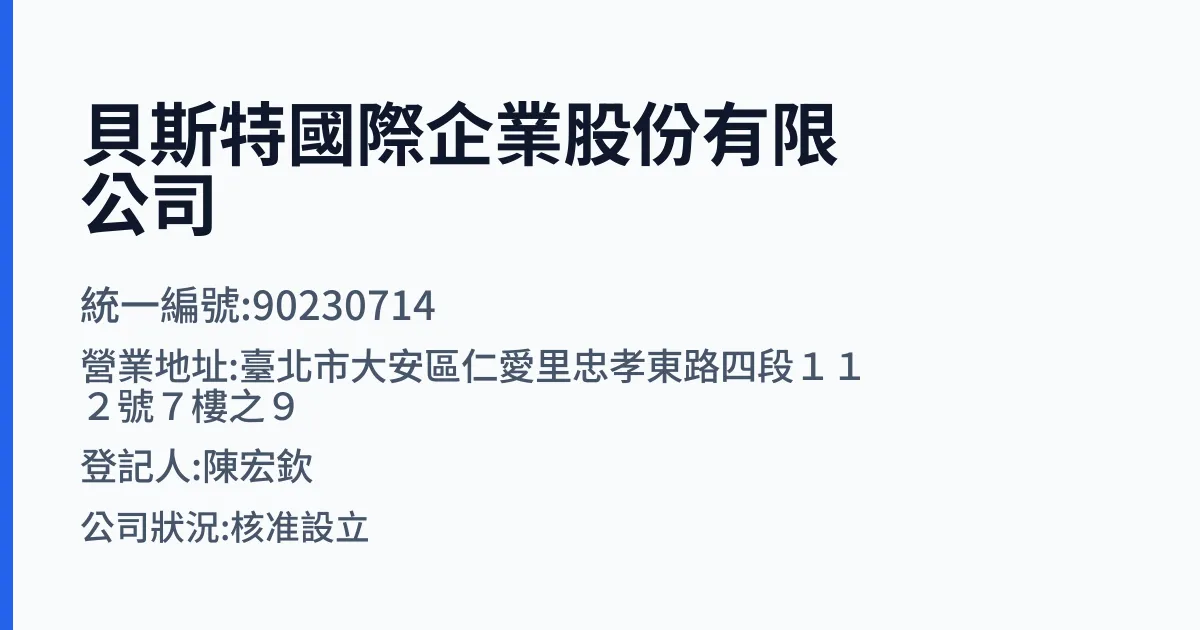 貝斯特國際企業股份有限公司 - 統編 90230714(臺北市) 公司登記資料與營業項目詳細圖表