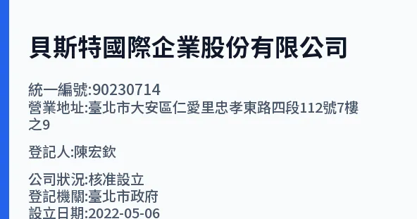 貝斯特國際企業股份有限公司的照片-統編 90230714(臺北市) 公司登記資料與營業項目詳細圖表