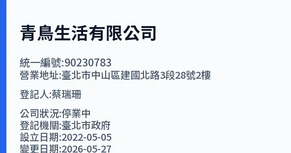 青鳥生活有限公司的照片-統編 90230783(臺北市) 公司登記資料與營業項目詳細圖表