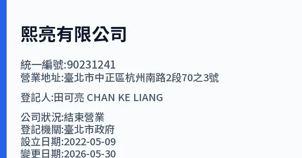 熙亮有限公司的照片-統編 90231241(臺北市) 公司登記資料與營業項目詳細圖表