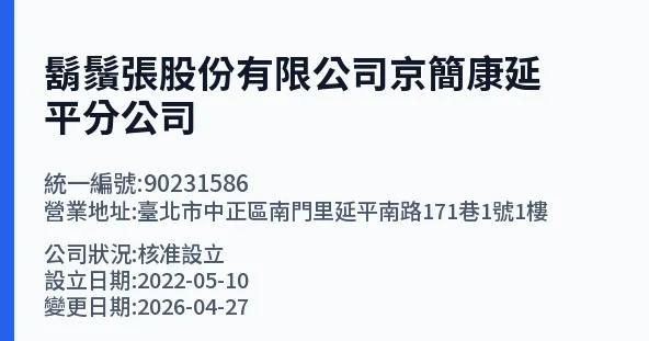 鬍鬚張股份有限公司京簡康延平分公司的照片-統編 90231586(臺北市) 公司登記資料與營業項目詳細圖表