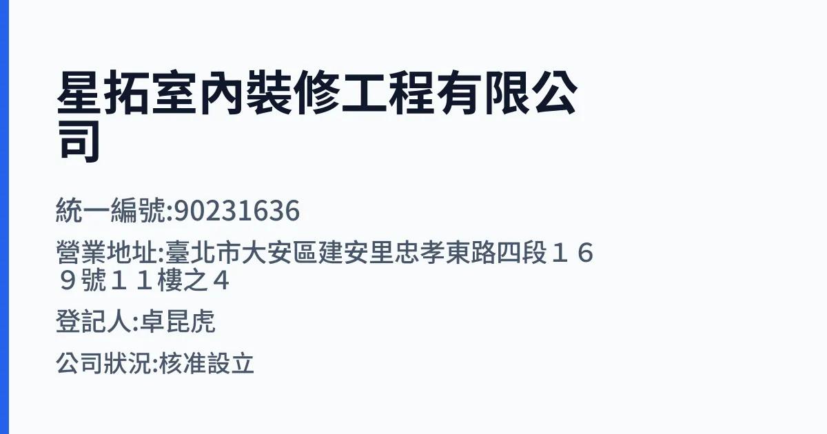 星拓室內裝修工程有限公司 - 統編 90231636(臺北市) 公司登記資料與營業項目詳細圖表