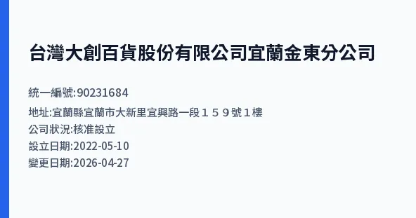 台灣大創百貨股份有限公司宜蘭金東分公司的照片-統編 90231684(宜蘭縣) 公司登記資料與營業項目詳細圖表