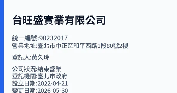 台旺盛實業有限公司的照片-統編 90232017(臺北市) 公司登記資料與營業項目詳細圖表