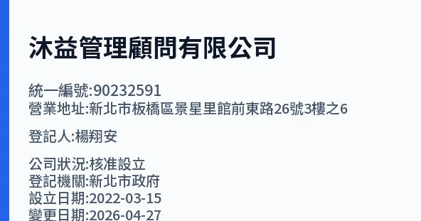 沐益管理顧問有限公司的照片-統編 90232591(新北市) 公司登記資料與營業項目詳細圖表