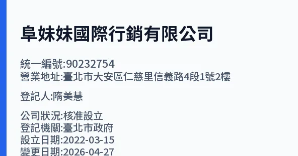 阜妹妹國際行銷有限公司的照片-統編 90232754(臺北市) 公司登記資料與營業項目詳細圖表