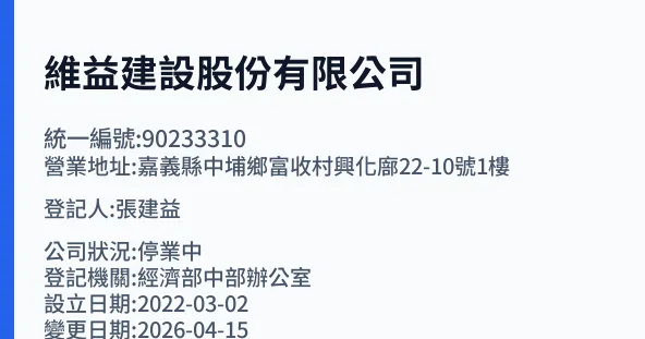 維益建設股份有限公司的照片-統編 90233310(嘉義縣) 公司登記資料與營業項目詳細圖表