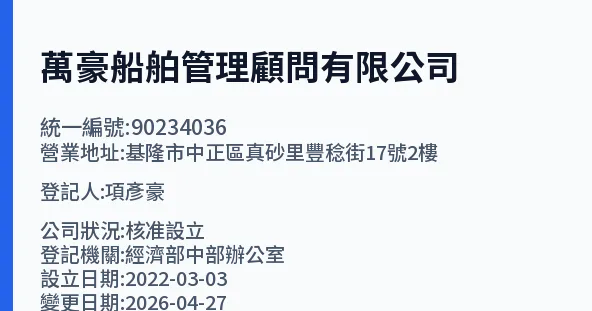 萬豪船舶管理顧問有限公司的照片-統編 90234036(基隆市) 公司登記資料與營業項目詳細圖表