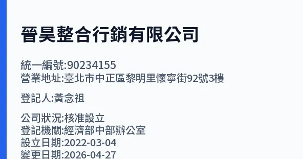 晉昊整合行銷有限公司的照片-統編 90234155(臺北市) 公司登記資料與營業項目詳細圖表