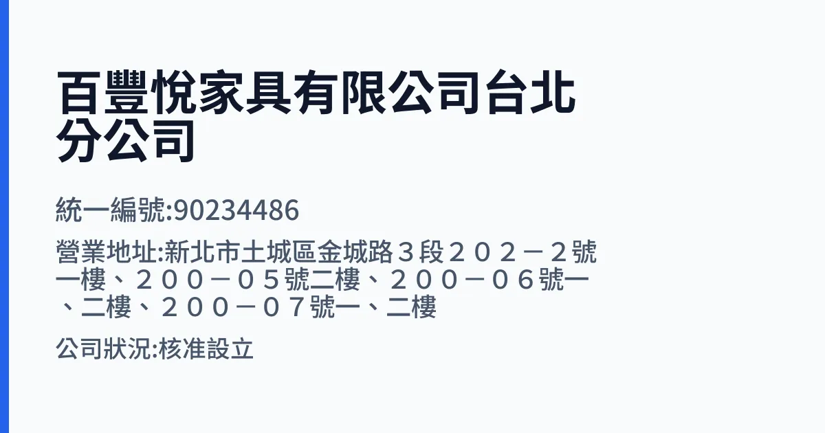 百豐悅家具有限公司台北分公司 - 統編 90234486(新北市) 公司登記資料與營業項目詳細圖表