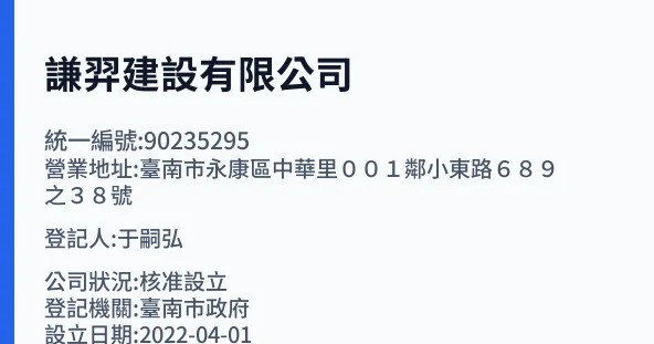 謙羿建設有限公司的照片-統編 90235295(臺南市) 公司登記資料與營業項目詳細圖表
