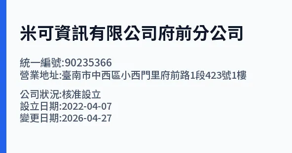 米可資訊有限公司府前分公司的照片-統編 90235366(臺南市) 公司登記資料與營業項目詳細圖表