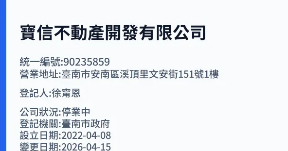 寶信不動產開發有限公司的照片-統編 90235859(臺南市) 公司登記資料與營業項目詳細圖表