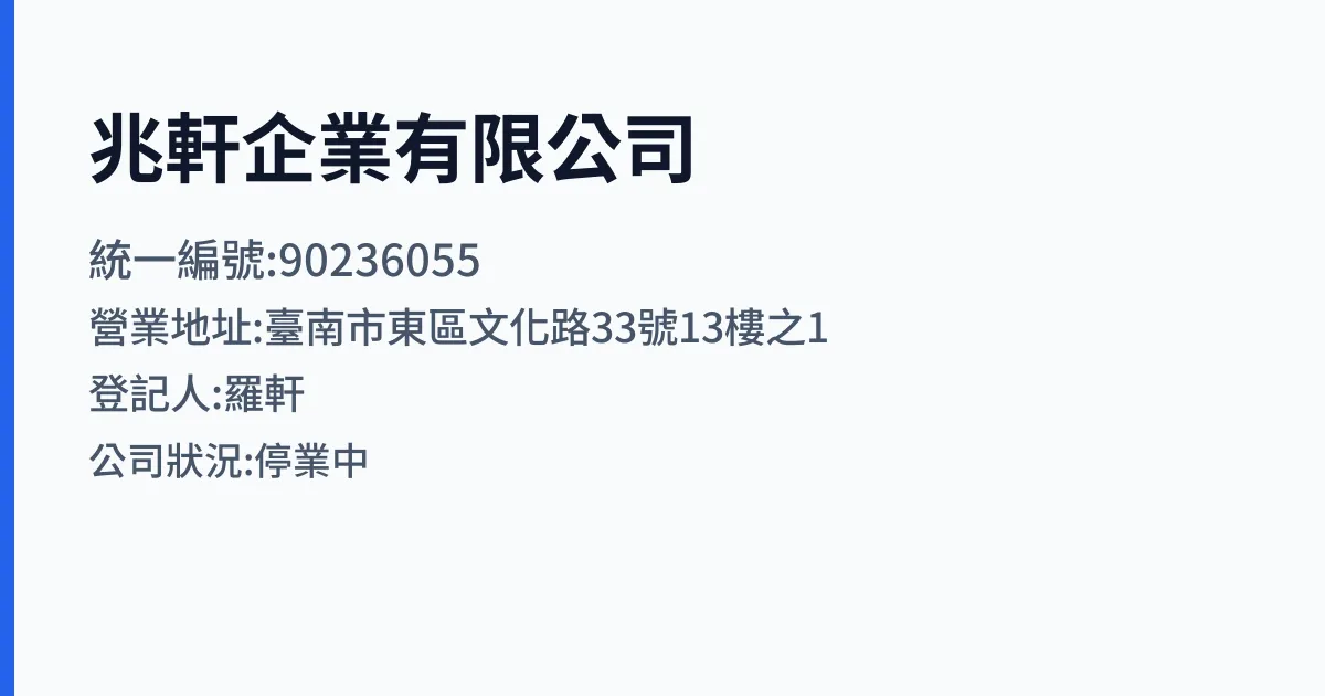 兆軒企業有限公司 - 統編 90236055 (臺南市) 公司登記資料與營業項目詳細圖表