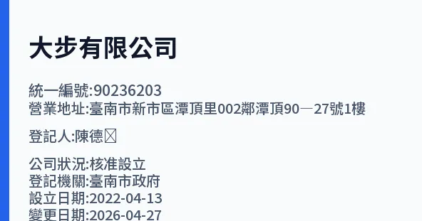 大步有限公司的照片-統編 90236203(臺南市) 公司登記資料與營業項目詳細圖表