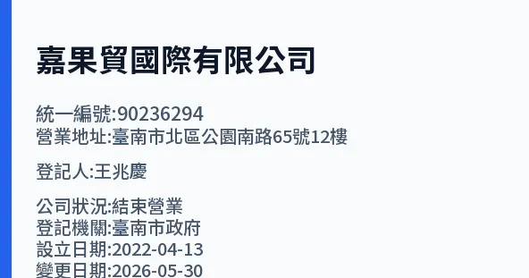 嘉果貿國際有限公司的照片-統編 90236294(臺南市) 公司登記資料與營業項目詳細圖表