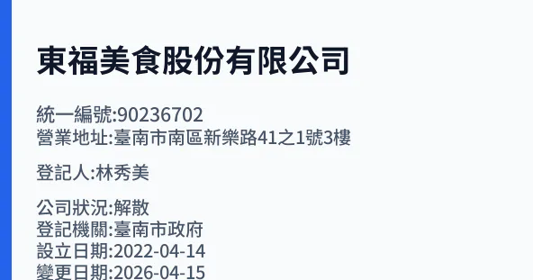 東福美食股份有限公司的照片-統編 90236702(臺南市) 公司登記資料與營業項目詳細圖表